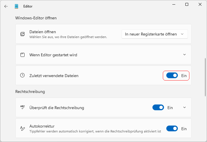 Windowspage - Editor - Zuletzt verwendete Dateien anzeigen / nicht ...